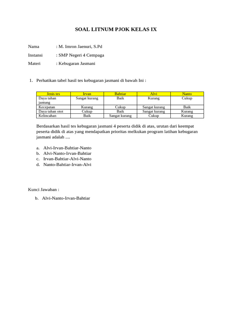 Soal Kebugaran Jasmani Kelas IX | PDF