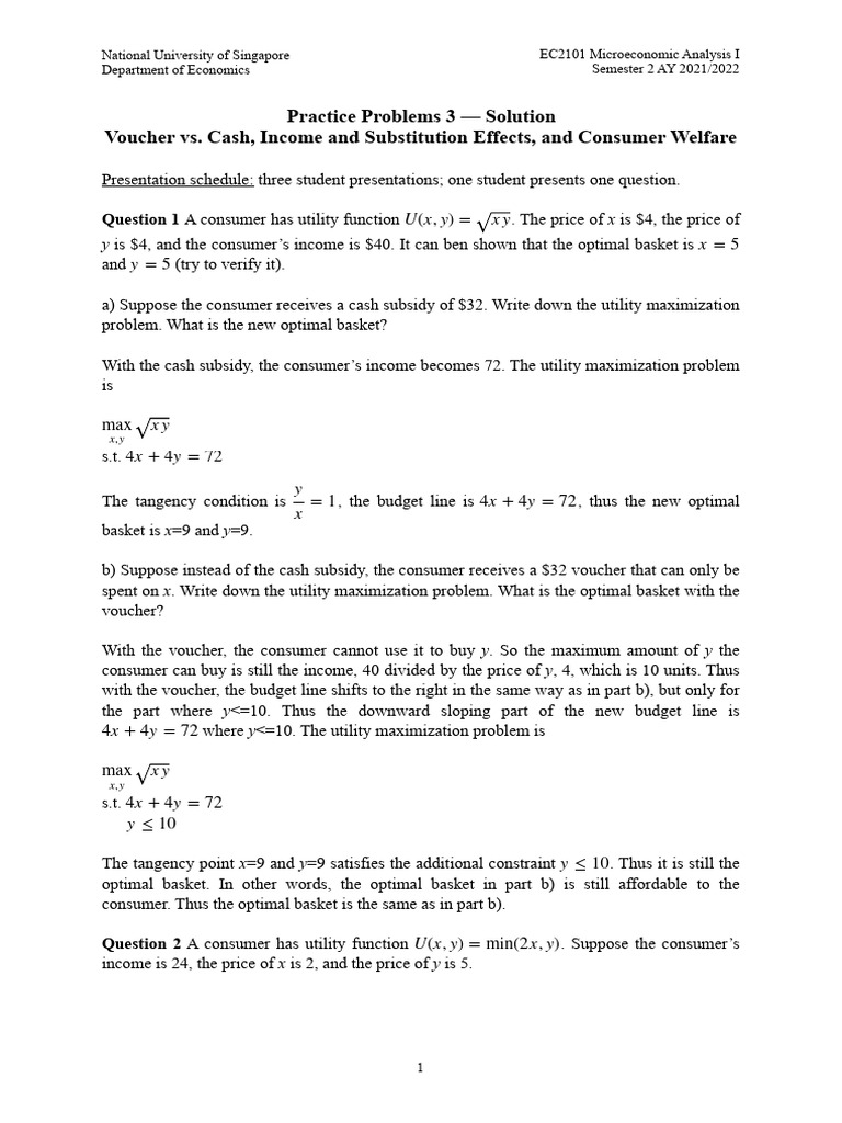 Practice Problems 3 Solution - EC2101 | PDF | Economies | Consumer Behaviour