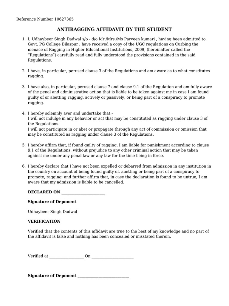 Anti Ragging Affidavit Form | PDF | Affidavit