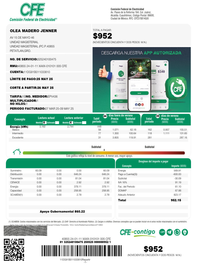 Recibo de CFE: Detalles y Consumo | PDF | Electricidad | México