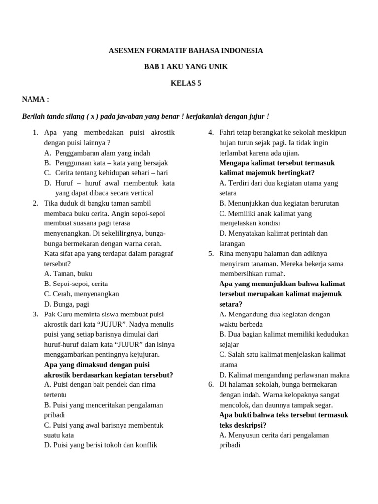 ASESMEN FORMATIF BAHASA INDONESIA Kls 5 Bab 1 | PDF