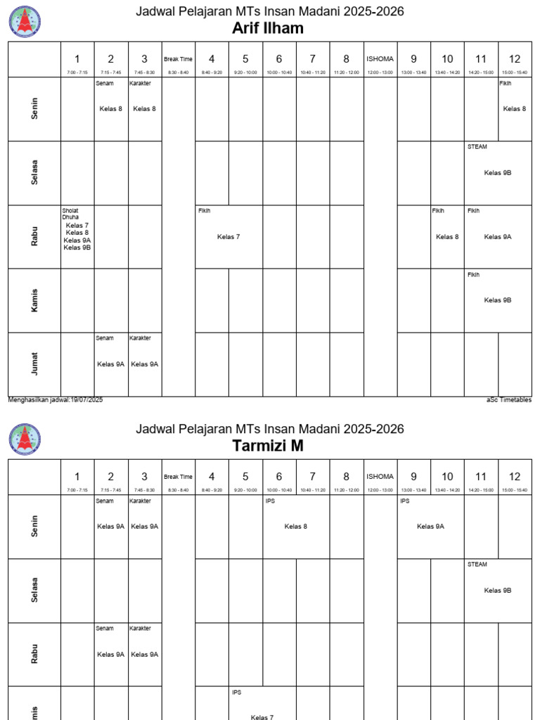 Jadwal Pelajaran MTs Insan Madani 2025 | PDF