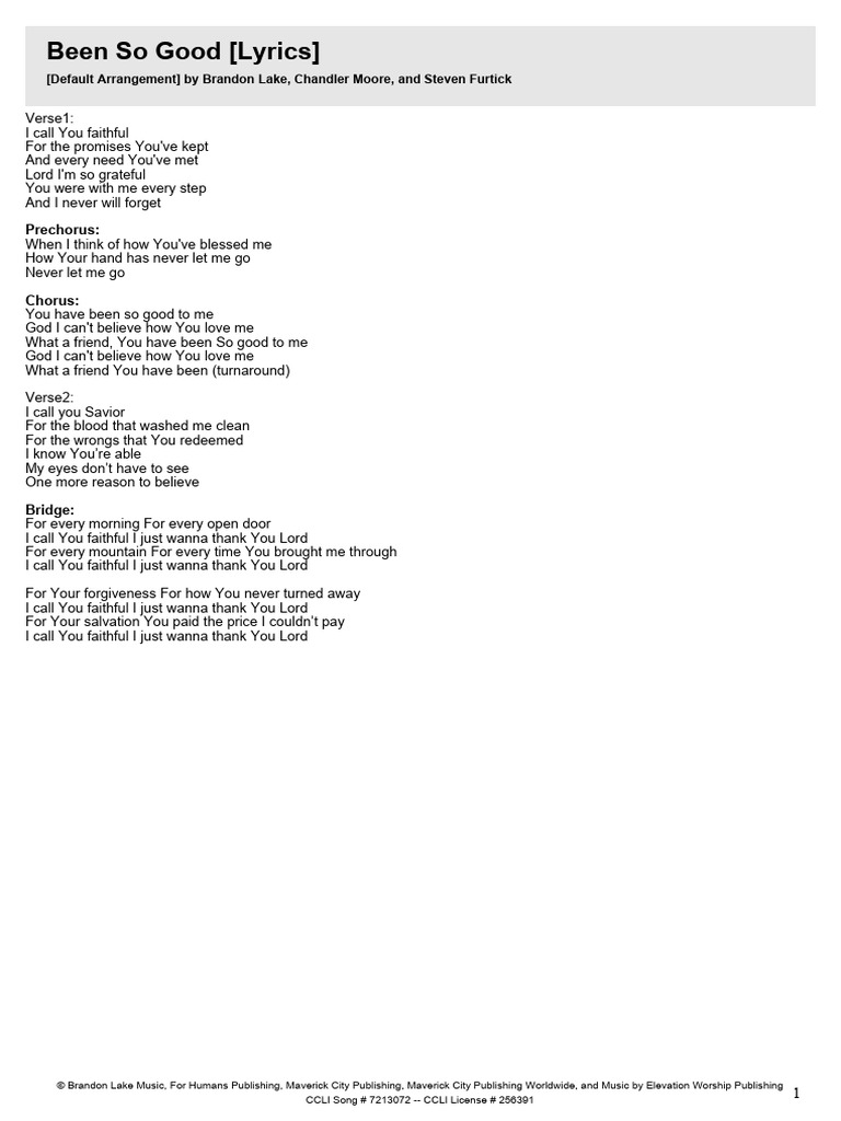 Been So Good - Lyrics | PDF