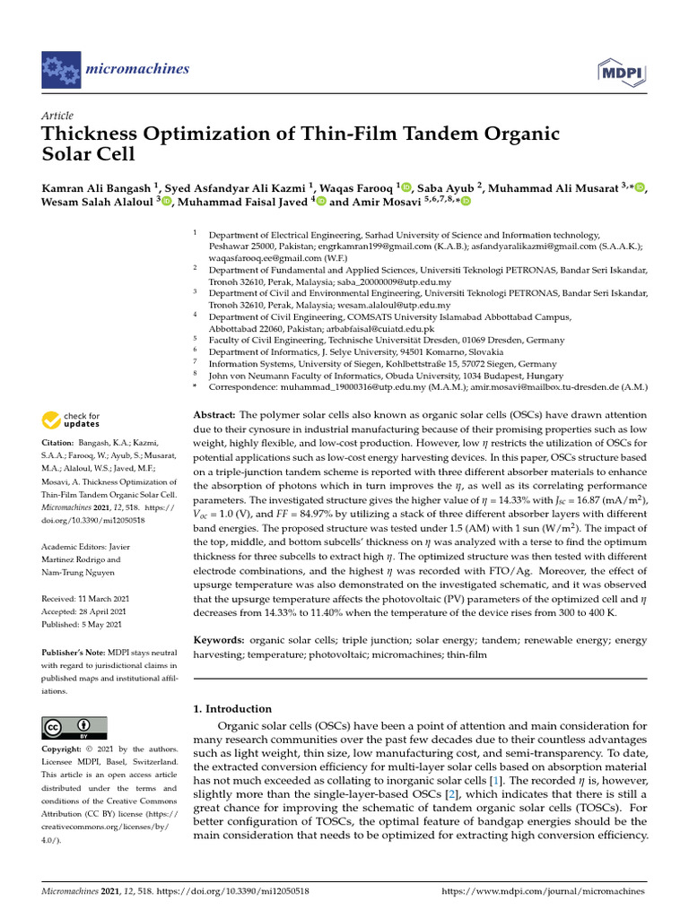 Thin-Film Tandem Organic Solar Cell Optimization | PDF | Solar Cell ...