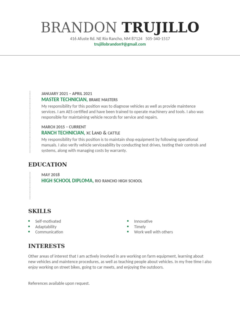 Brandon Trujillo: Automotive Technician Resume | PDF
