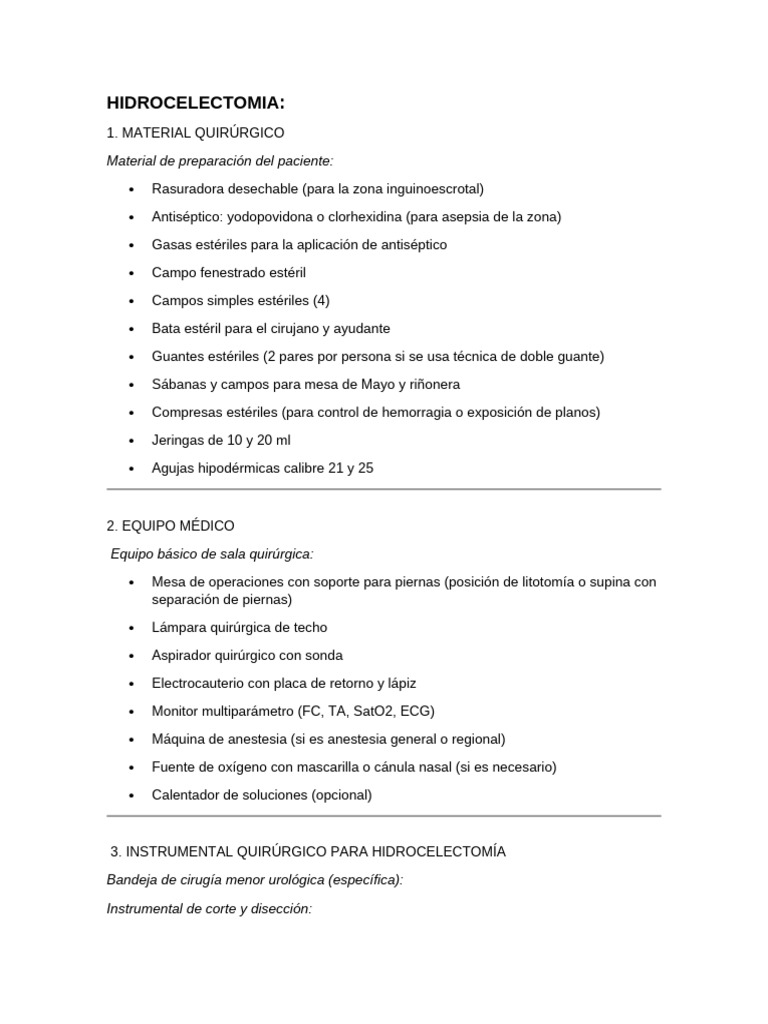 Hidrocelectomia y Orquiectomia Materia y Equipo | PDF | Cirugía ...