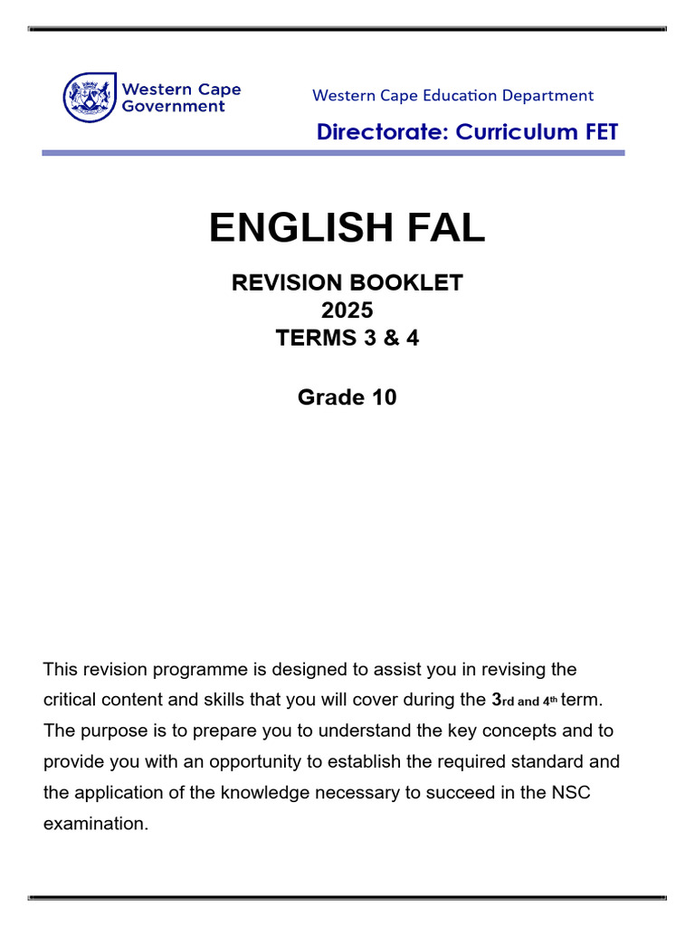 Grade 10 EFAL Term 3 Revision Booklet 2025 | PDF | Reading Comprehension | Optimism