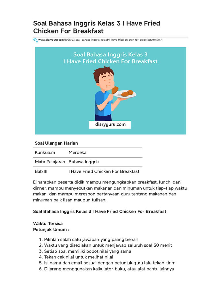 Soal Bahasa Inggris Kelas 3 I Have Fried Chicken For Breakfast | PDF | Meal | Cuisine