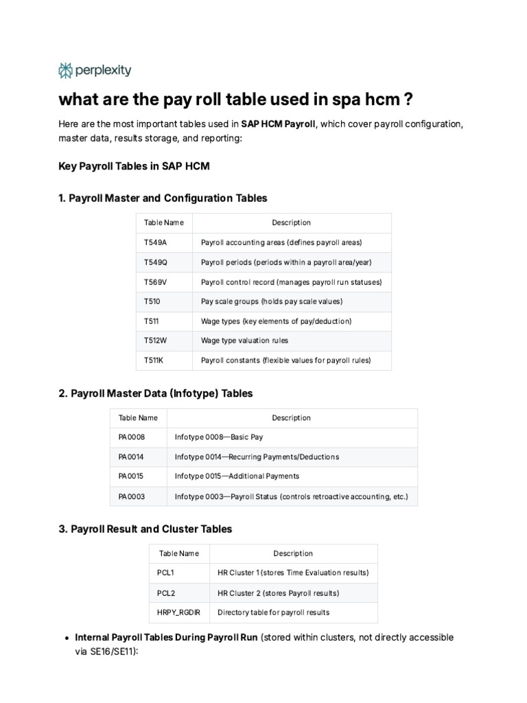 Key SAP HCM Payroll Tables Overview | PDF | Payroll | Human Resource ...