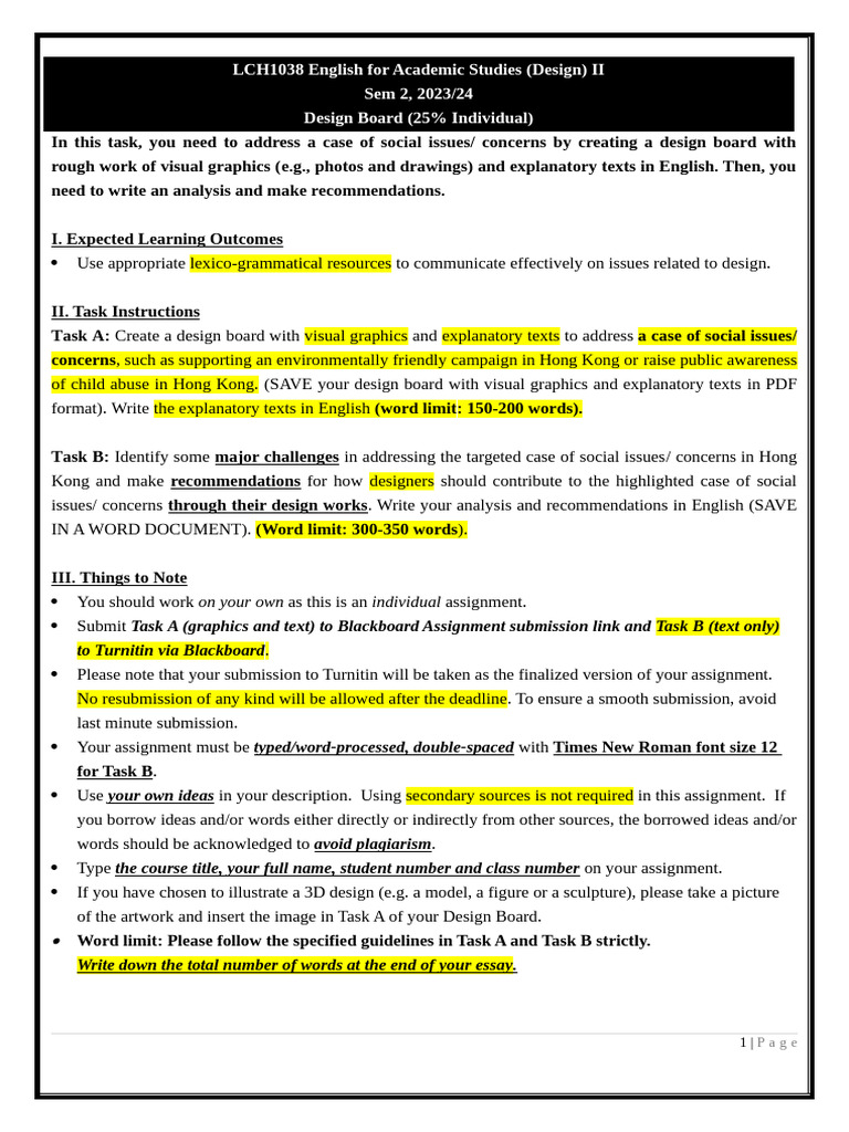LCH1038 - Assignment 1 - Design Board Guidelines-2024 | PDF | Turnitin