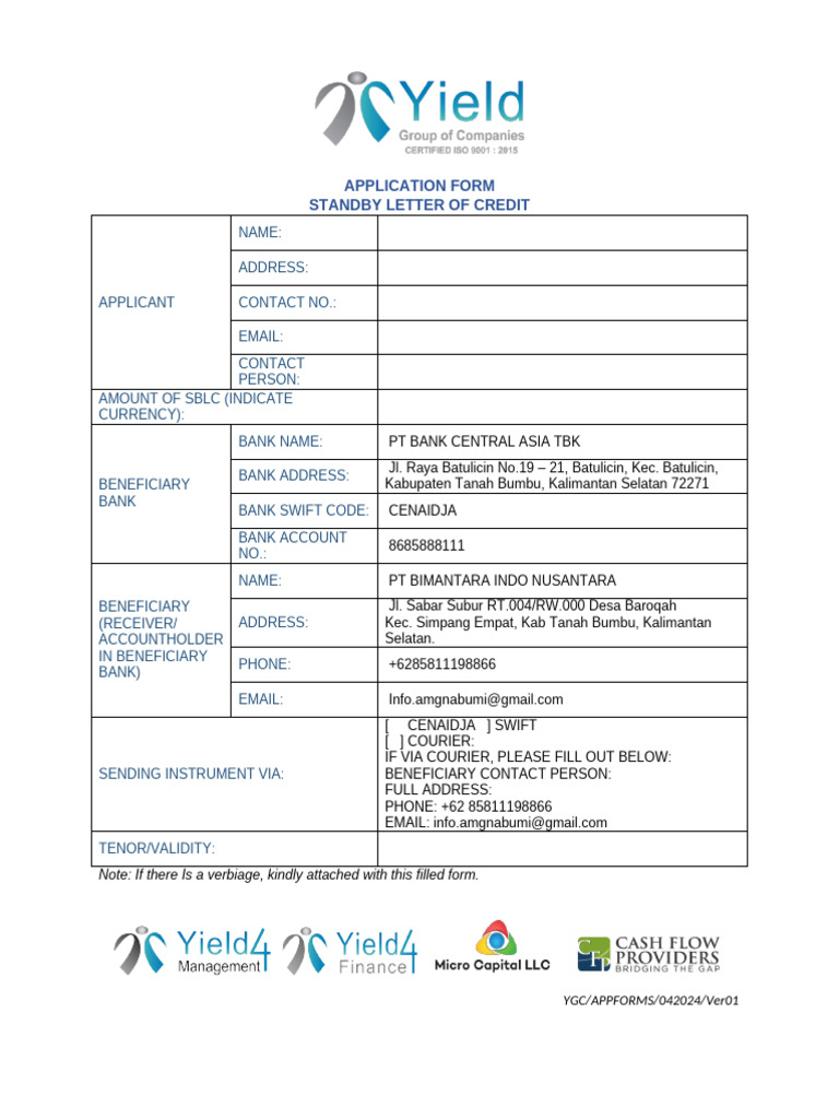 SBLC APPLICATION FORM - YIELD GROUP-FIX | PDF