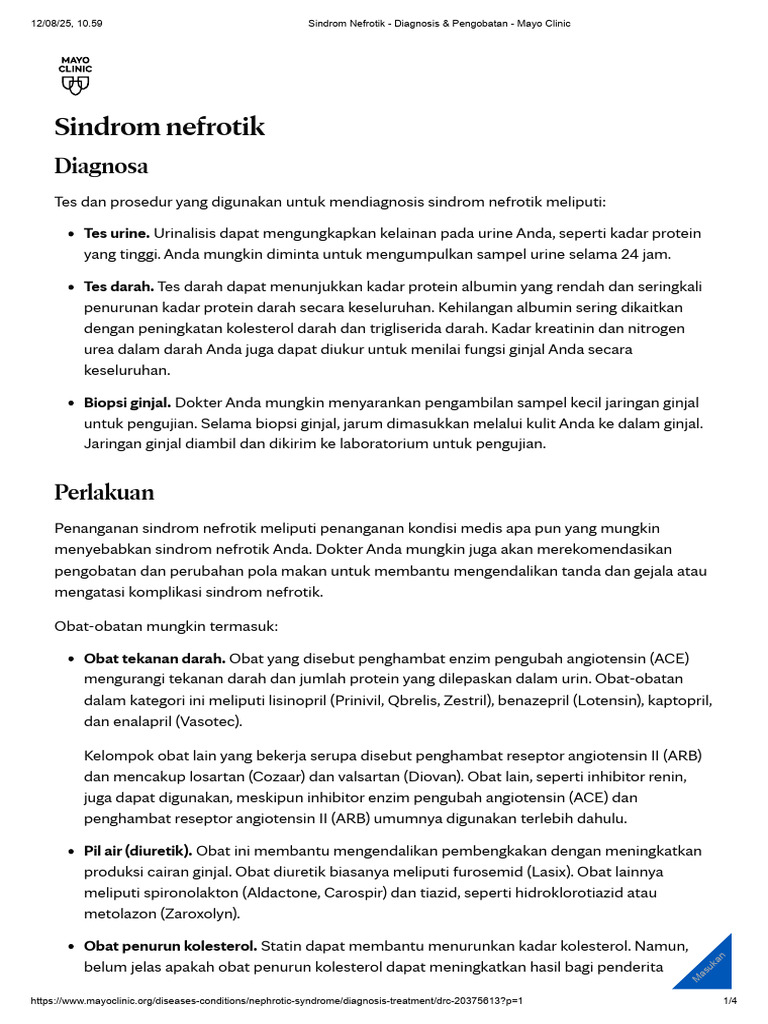 Sindrom Nefrotik - Diagnosis & Pengobatan - Mayo Clinic | PDF