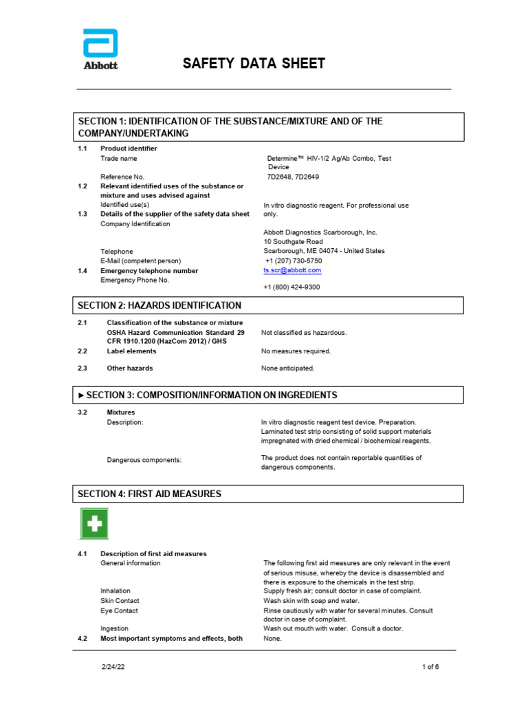 Safety Data Sheet for Determine™ HIV Test | PDF | Waste Management ...