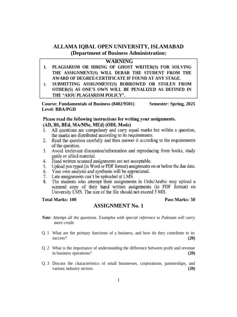 AIOU Business Assignment Guidelines | PDF | Business | Economies