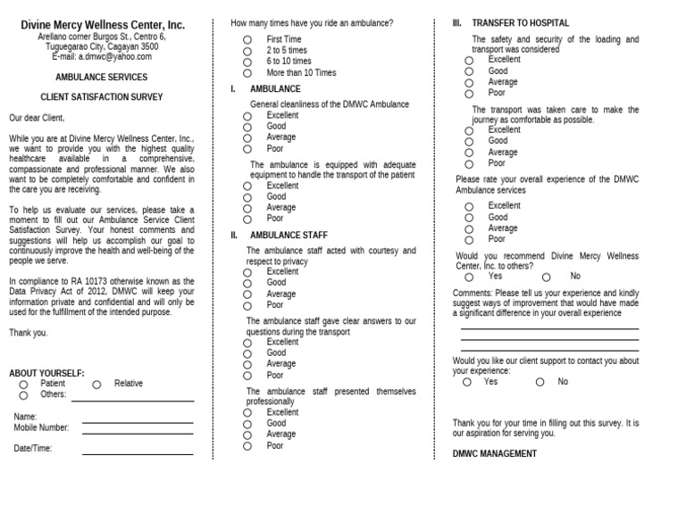 Ambulance Service Satisfaction Survey | PDF | Ambulance | Medicine