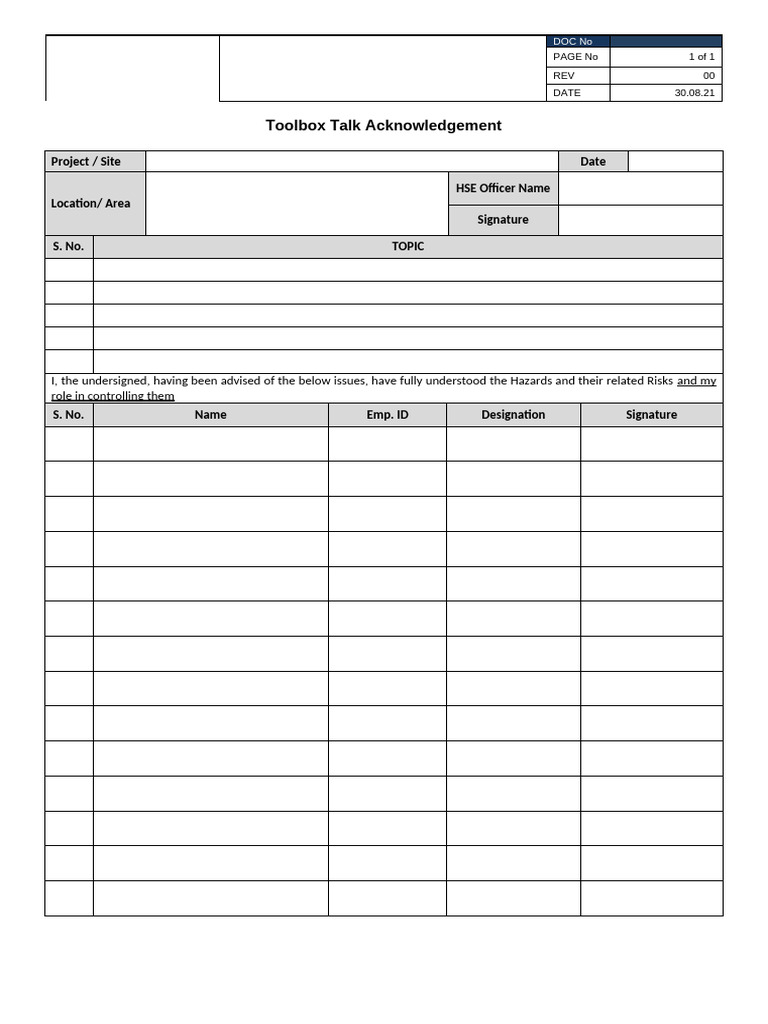 Toolbox Talk Acknowledgement Form | PDF