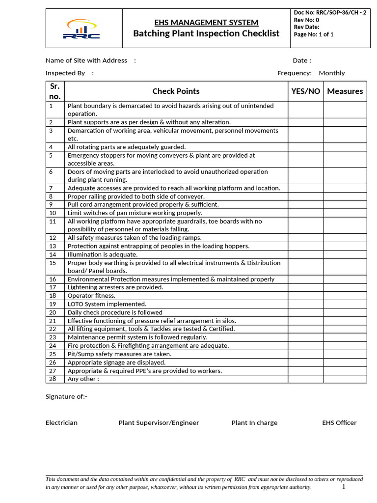 Batching Plant Safety Inspection Checklist | PDF | Safety ...