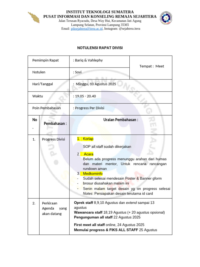 Notulen Meet 10 Agustus 2025 Kadiv | PDF