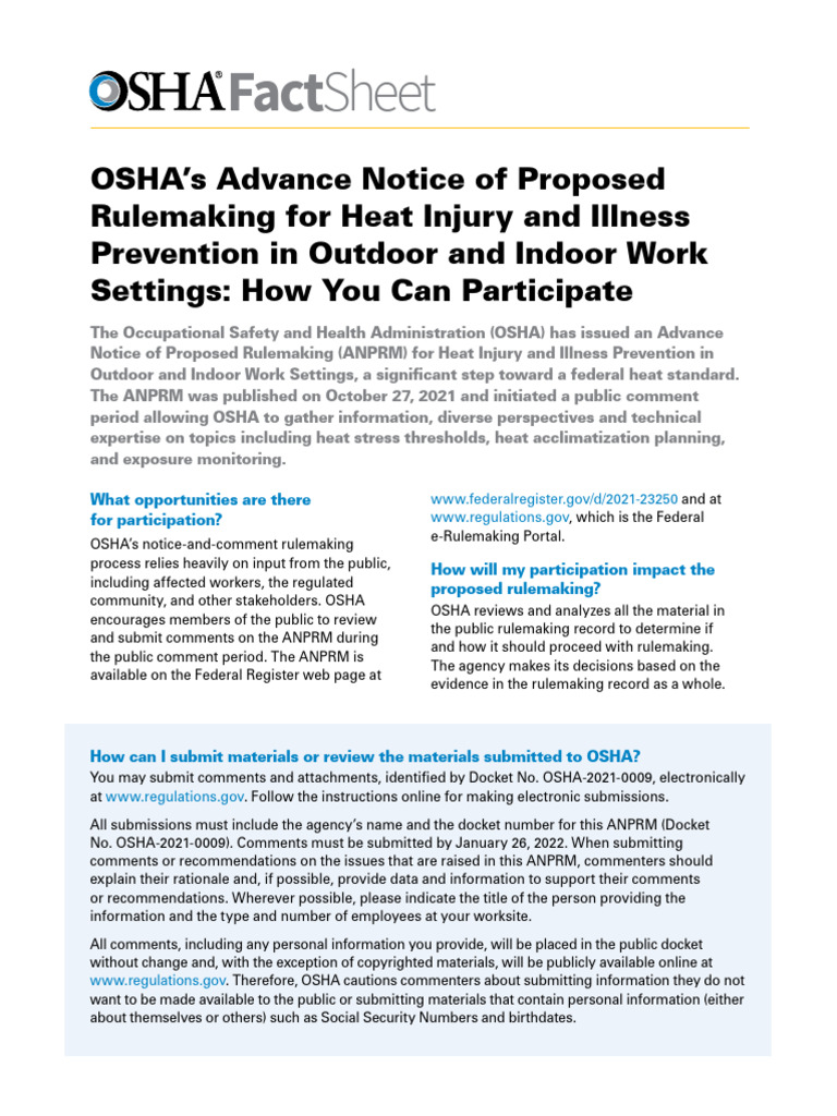 OSHA's Advance Notice of Proposed Rule Making of Heart Injury | PDF ...