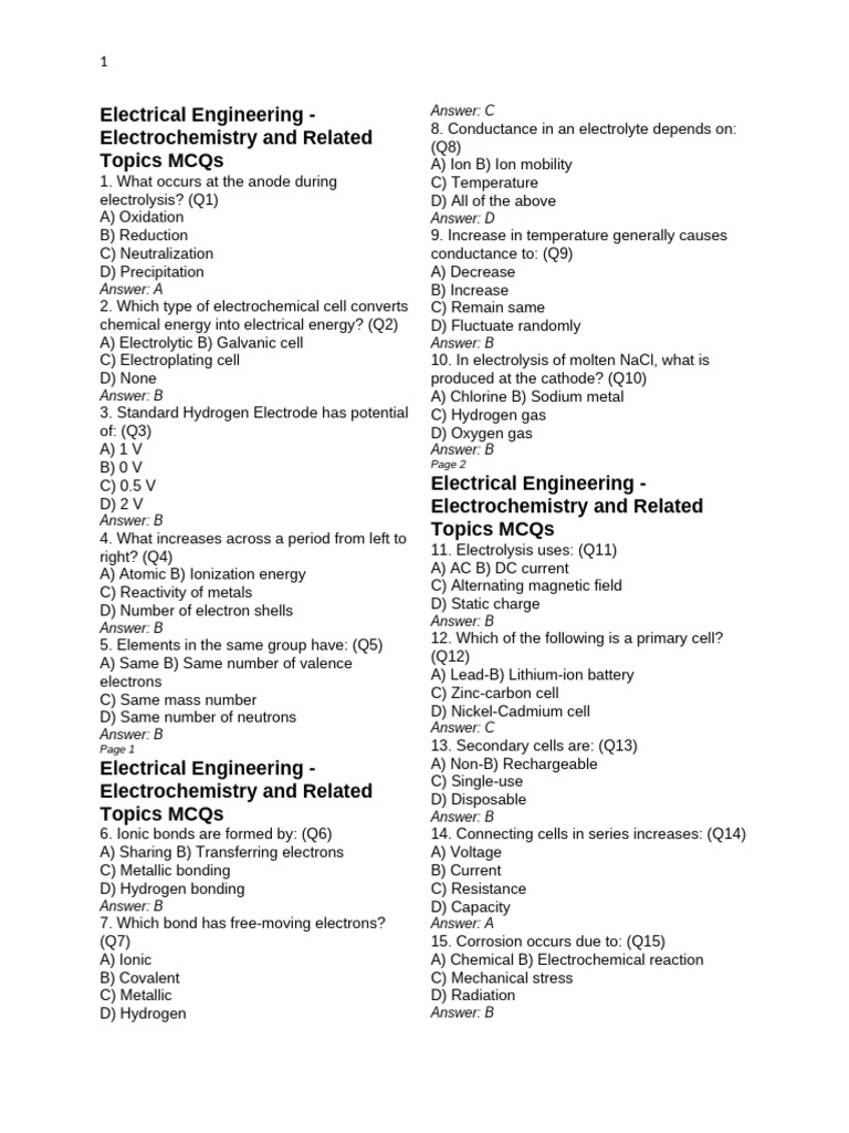 Electrical Engineering - Electrochemistry and Related Topics Mcqs | PDF ...