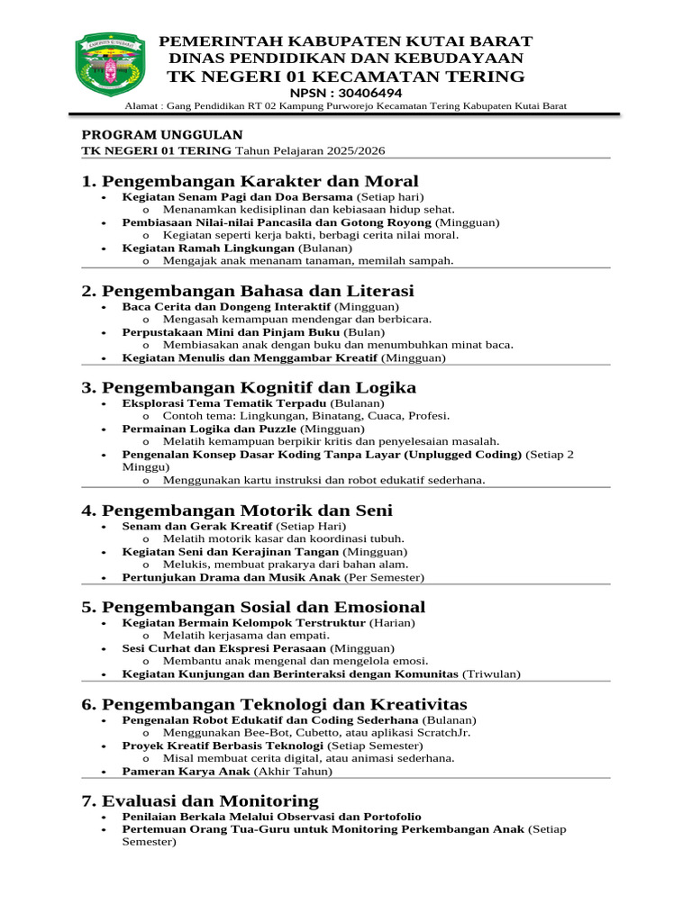 Program Unggulan TK Negeri 01 Tering 2025/2026 | PDF