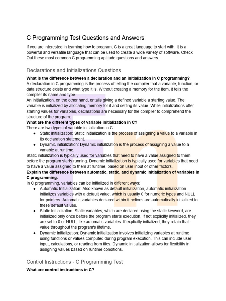 C Programming Test Questions and Answers | PDF | Parameter (Computer ...