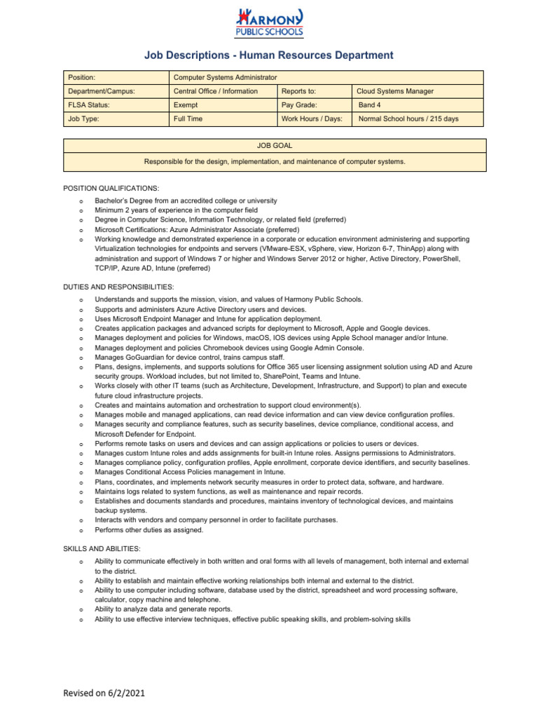 Job Description - Computer Systems Administrator | PDF | Cloud ...