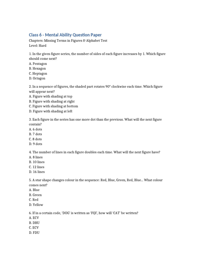 Class 6 Mental Ability Test Paper | PDF