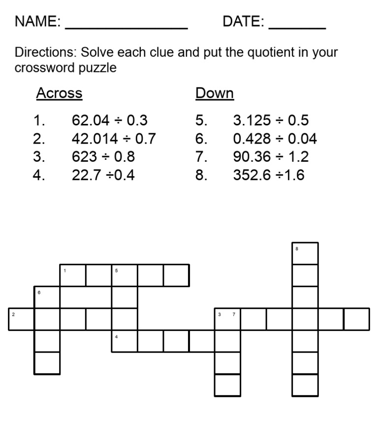 Division Crossword Puzzle for 6th Grade | PDF