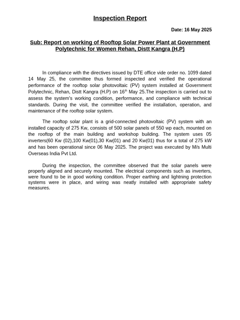 Rooftop Solar Panel Inspection Report | PDF | Photovoltaic System ...