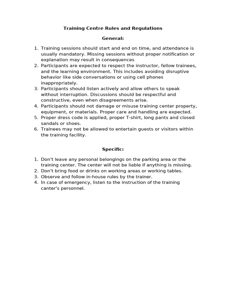 Training Centre Rules and Norms | PDF
