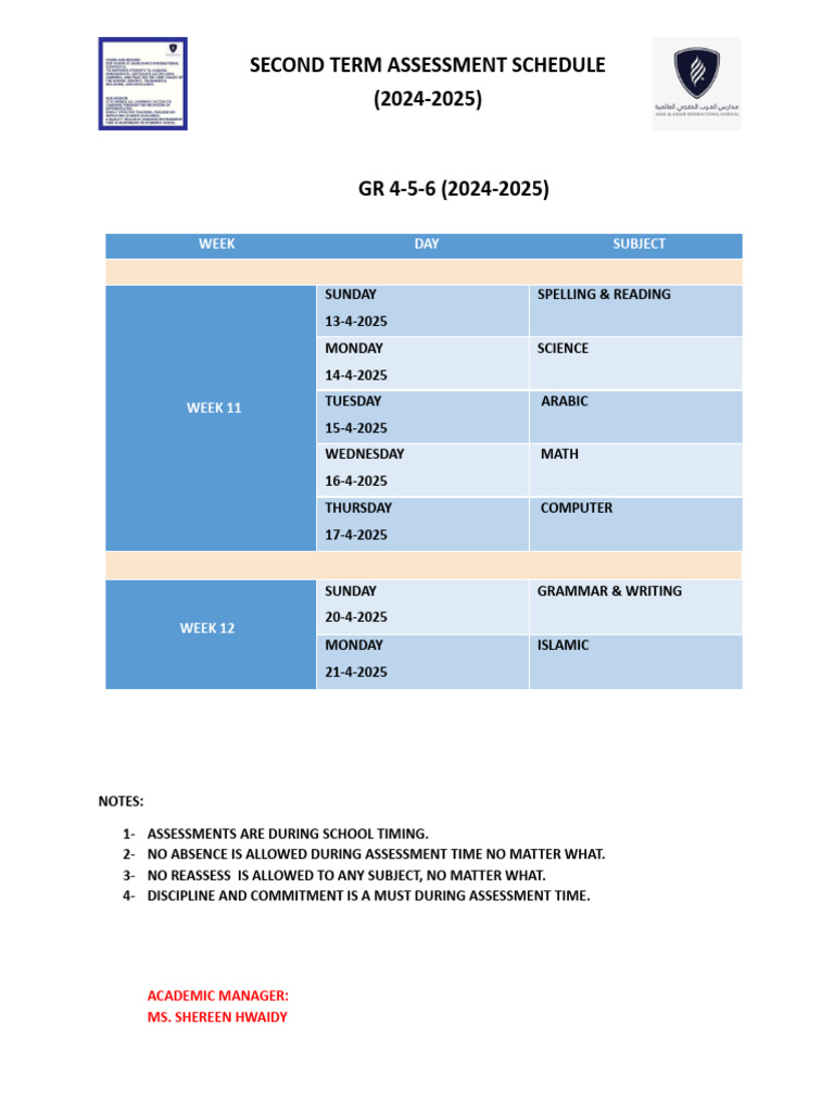 2024-2025 Grade 4-6 Assessment Schedule | PDF