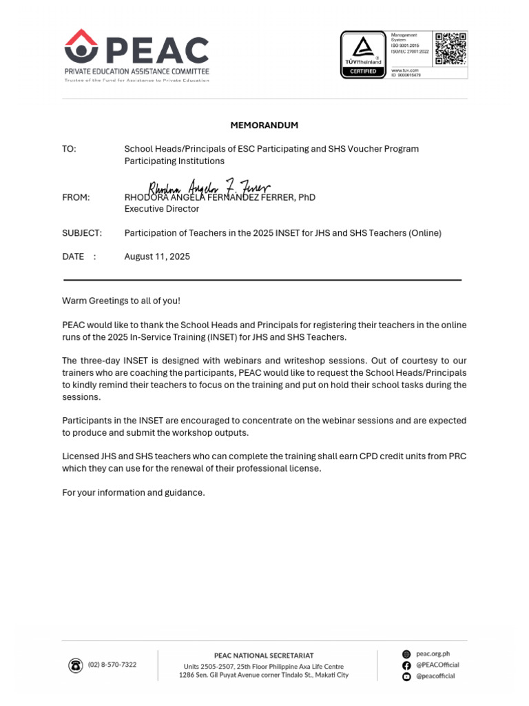 TDU-MEMO-2025-007 INSET Memo For School Heads-Principals of ESC and SHS ...