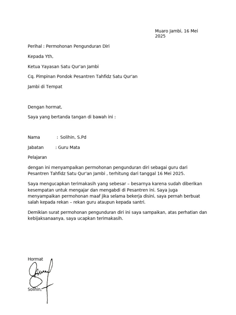 Surat Pengunduran Diri Solihin | PDF