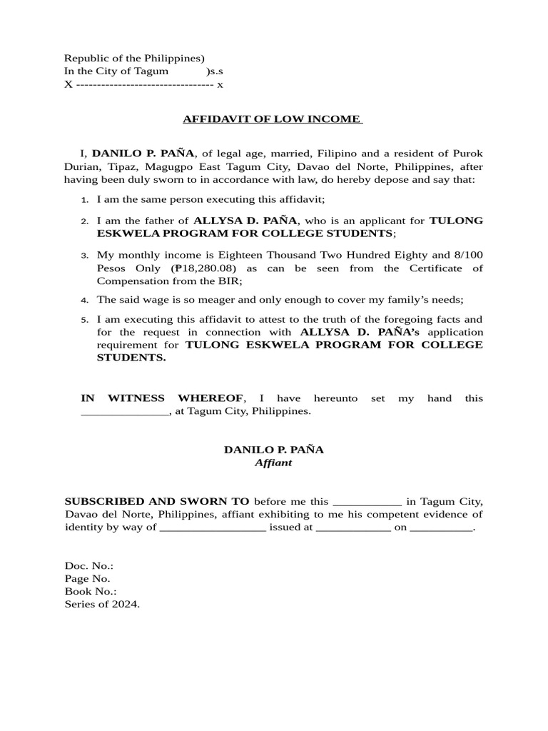 Affidavit of Low Income Sample | PDF