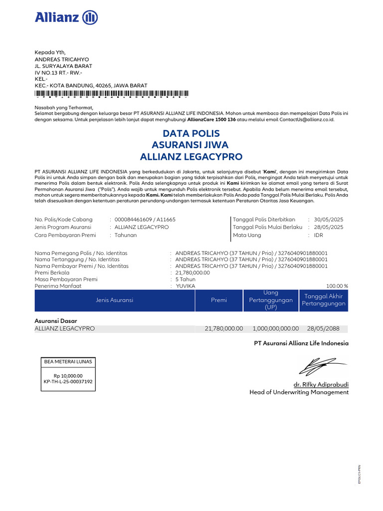 Data Polis Asuransi Allianz LegacyPro | PDF