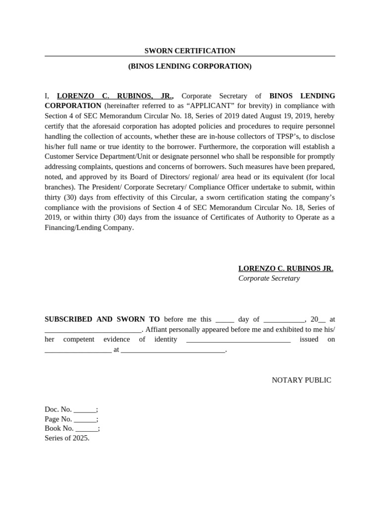 Sworn Certification for Lending Compliance | PDF | Affidavit | Governance
