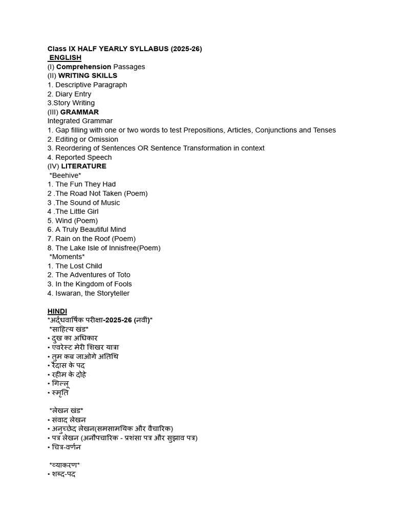 2025 CL IX Half Yearly Syllabus | PDF