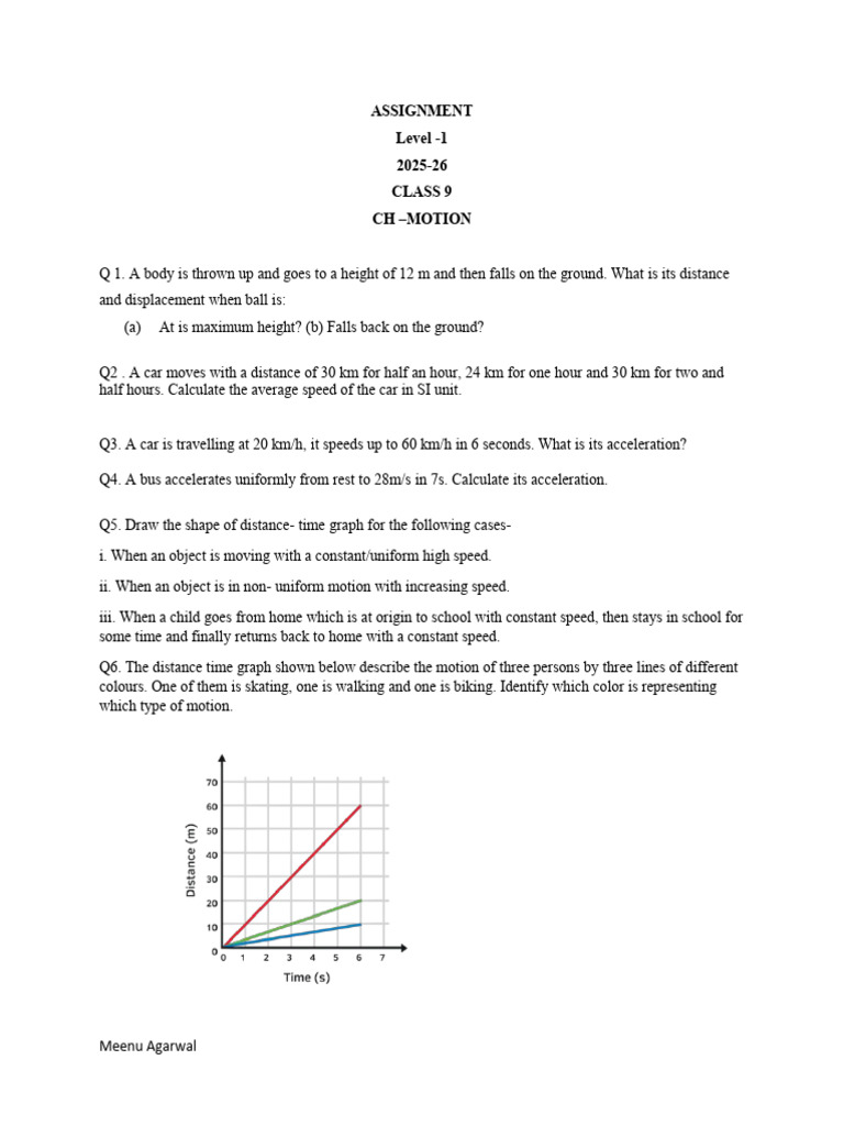 Class 9, Phy, CH - Motion, Assignment Level 1 | PDF | Acceleration | Speed