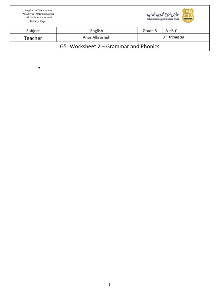 G5 - Worksheet 2 (PB.) - Gtammar and Phonics. | PDF