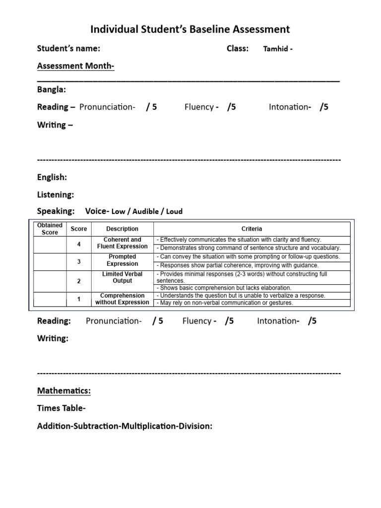 Reading Comprehension Baseline Assessment | PDF | Reading Comprehension ...