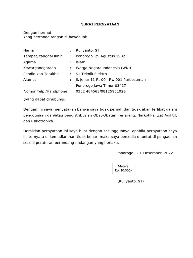 Contoh Surat Pernyataan Bebas Narkoba CPPPK | PDF