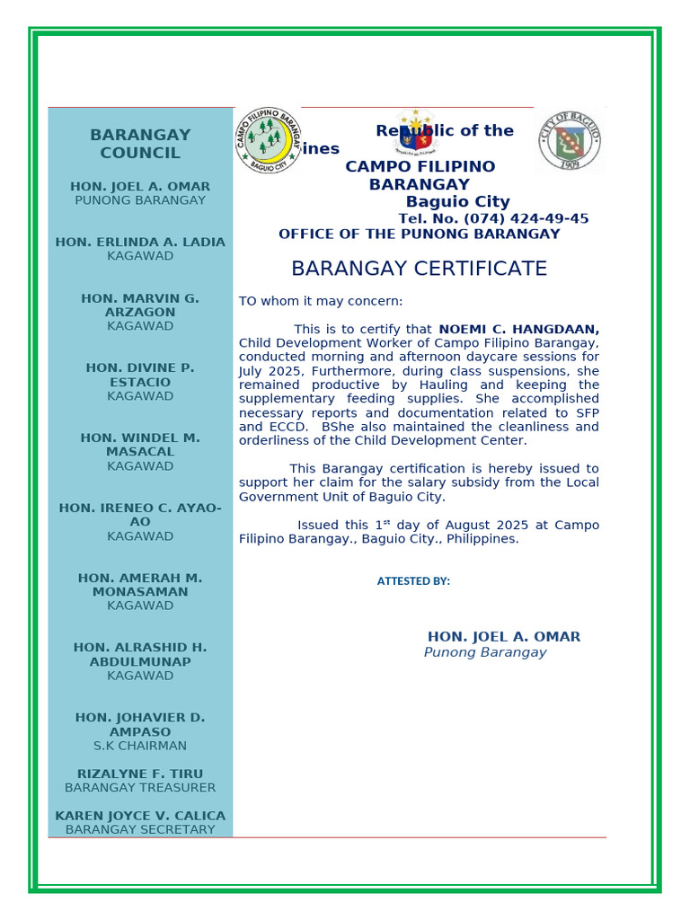 Barangay Cert For Subsidy | PDF