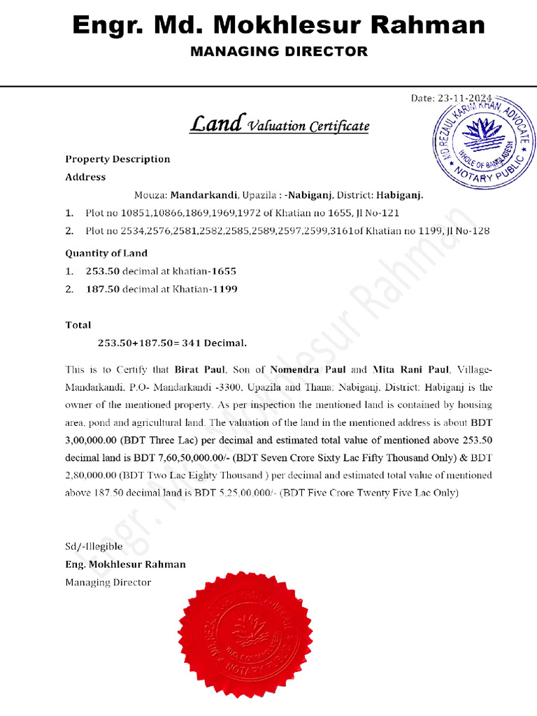Land Valuation Certificate Done BIRAT PAUL | PDF