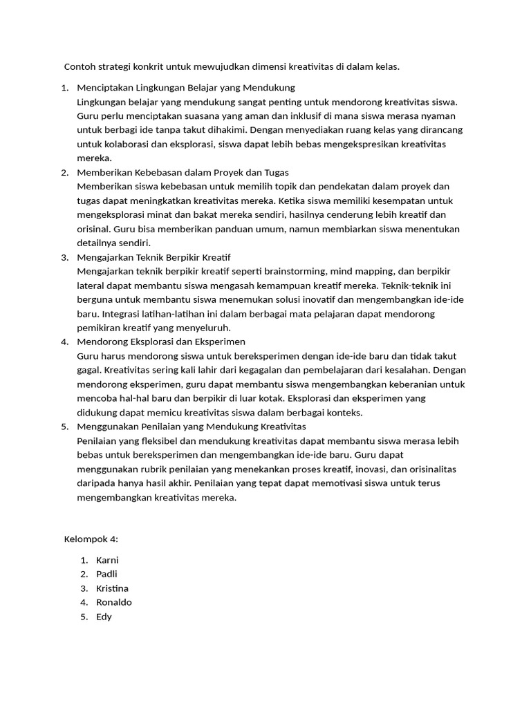 Contoh Strategi Konkrit Untuk Mewujudkan Dimensi Kreativitas Di Dalam Kelas | PDF