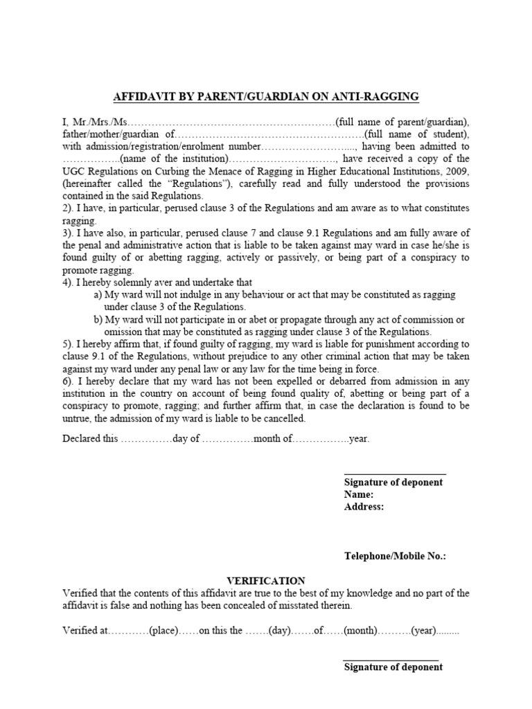 Anti-Ragging Affidavit Template | PDF | Affidavit | Justice