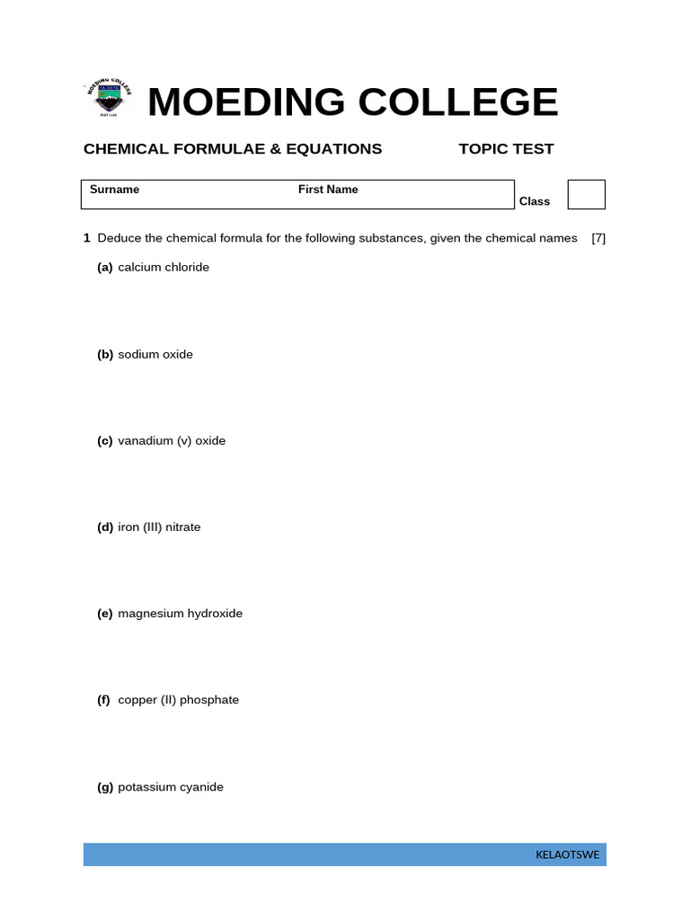 Chemical Formulas and Equations Test | PDF | Oxide | Magnesium