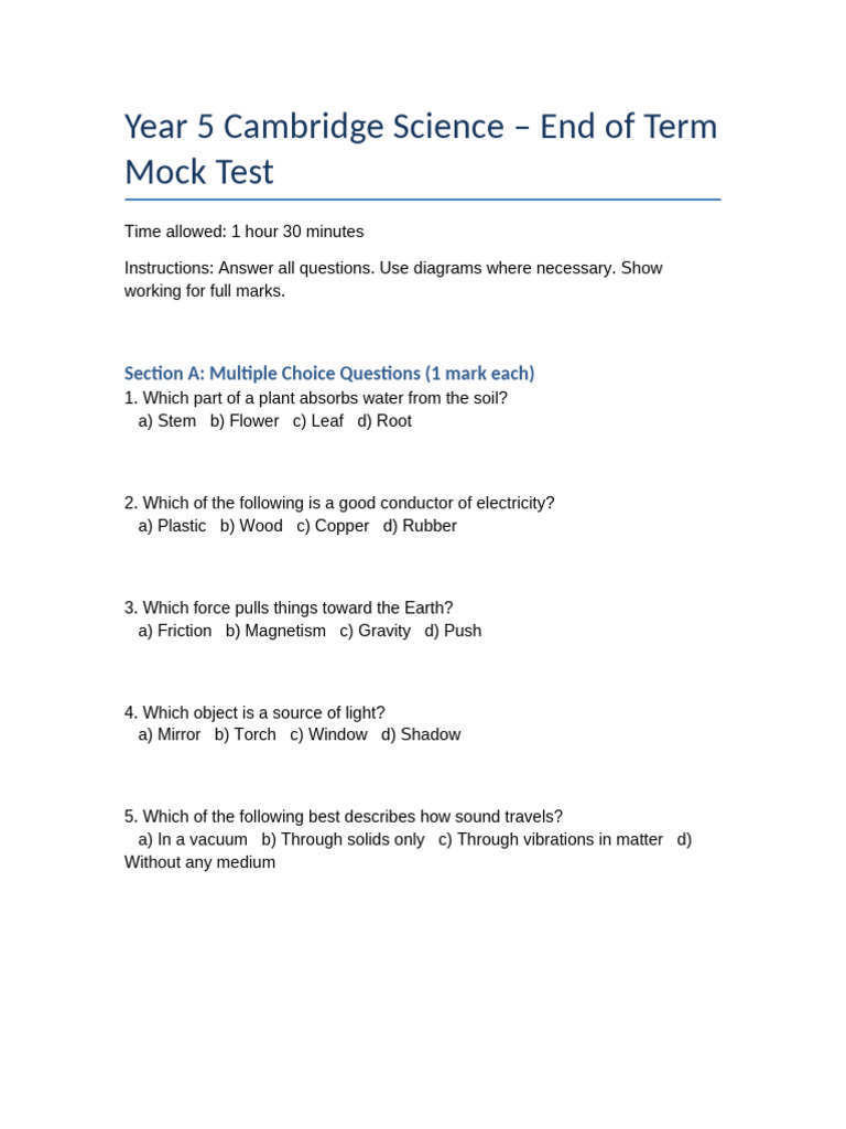 Year 5 Science Mock Test Guide | PDF