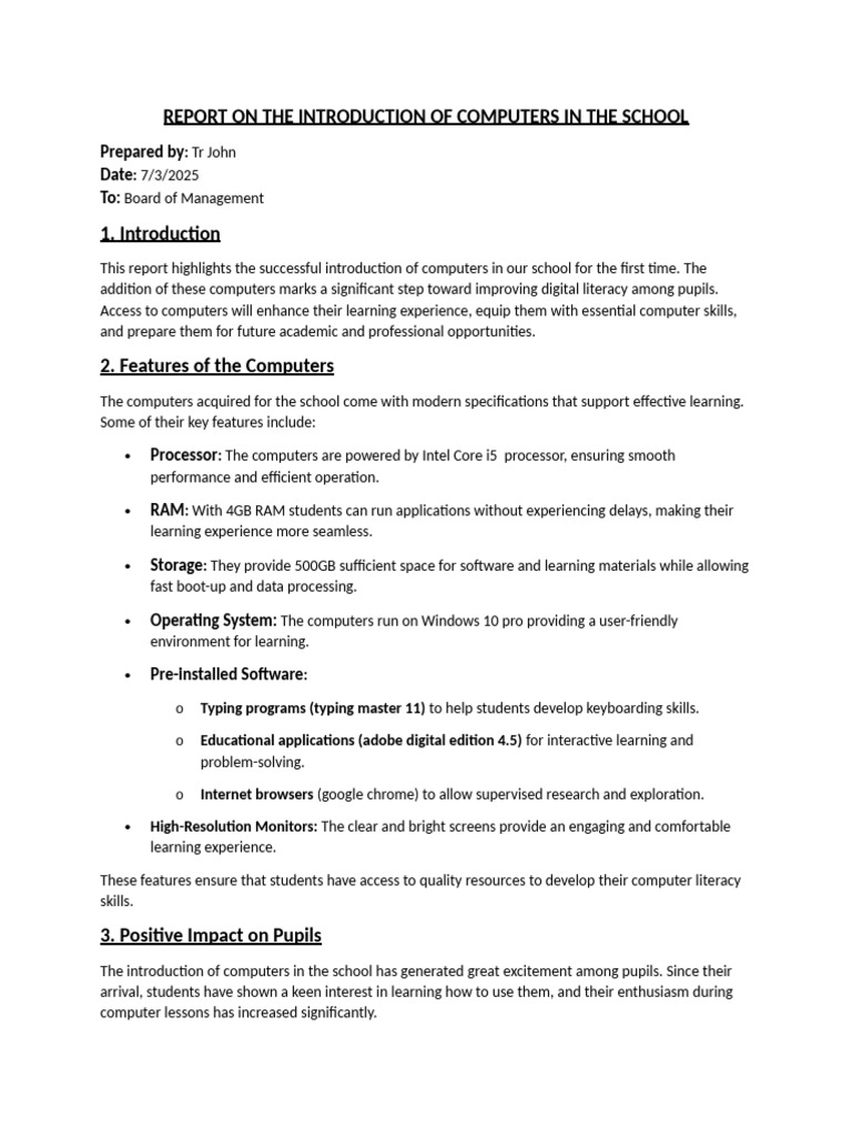 Report On The Introduction of Computers in The School | PDF | Learning ...