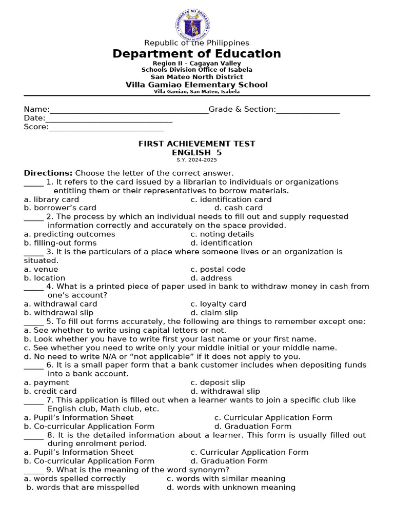 English Achievement Test for Grade 5 | PDF | Narration